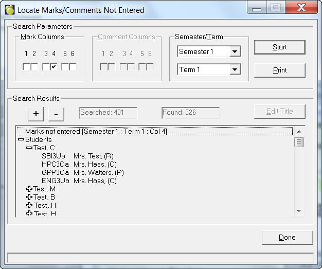 Locate Marks/Comments Not Entered