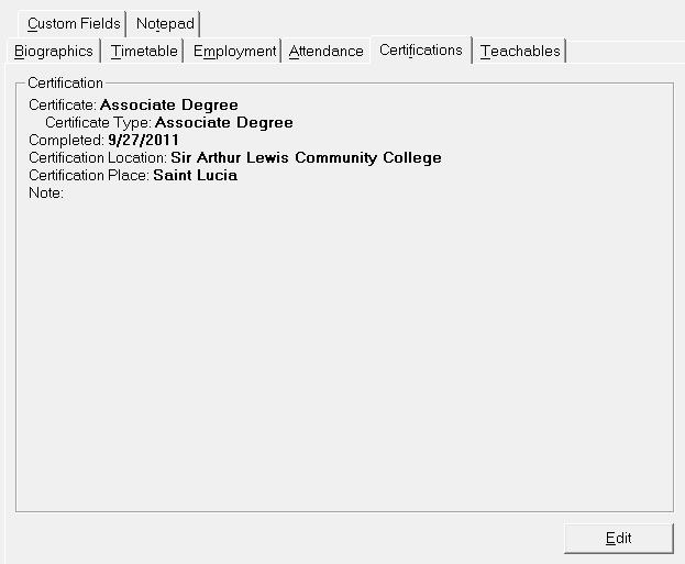 Staff Certification Tab
