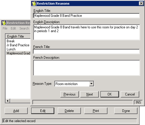 Room/Homeroom Restriction Reasons